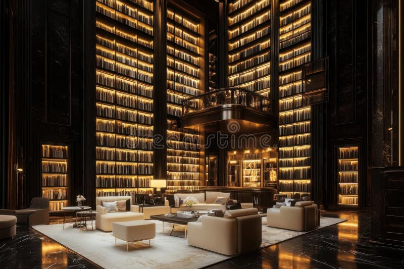 Explore Grand Library Interior with Cozy Seating and Illuminated ...