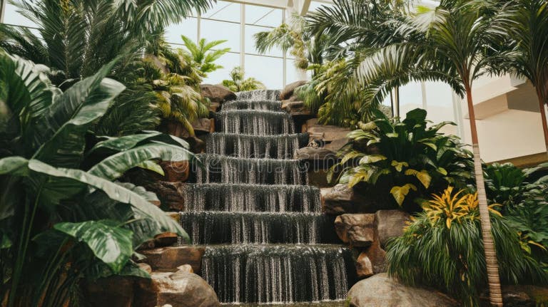Explore Greenery and Waterfall in Nature, Indoor Cascade with Tropical Plants Stock Image ...
