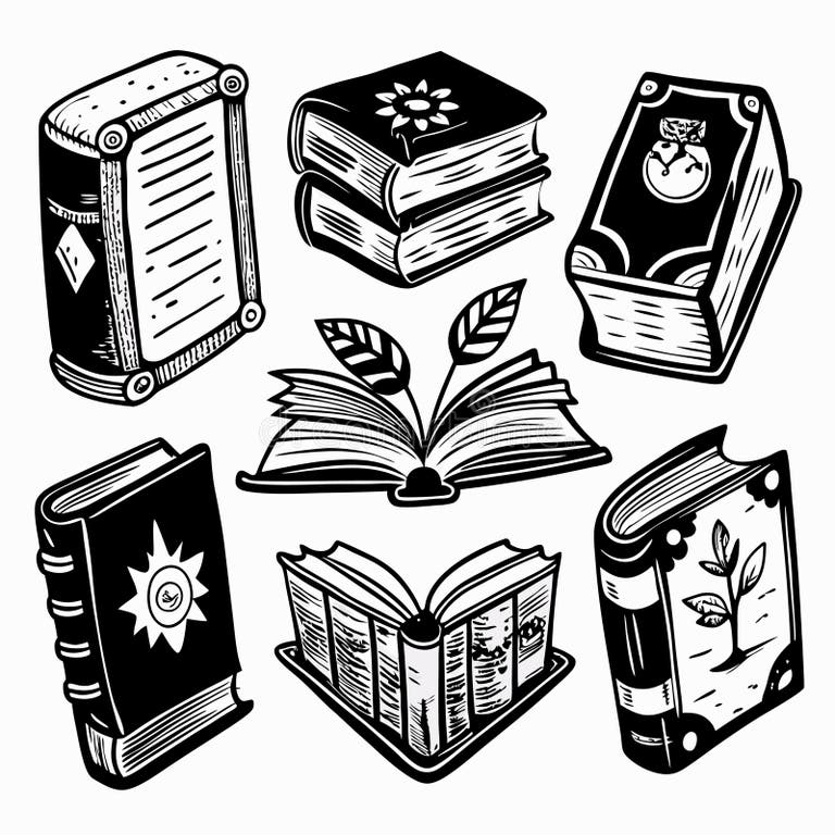 Hand-Drawn Book Stack Doodle Set – 6 Unique Black and White Sketch ...