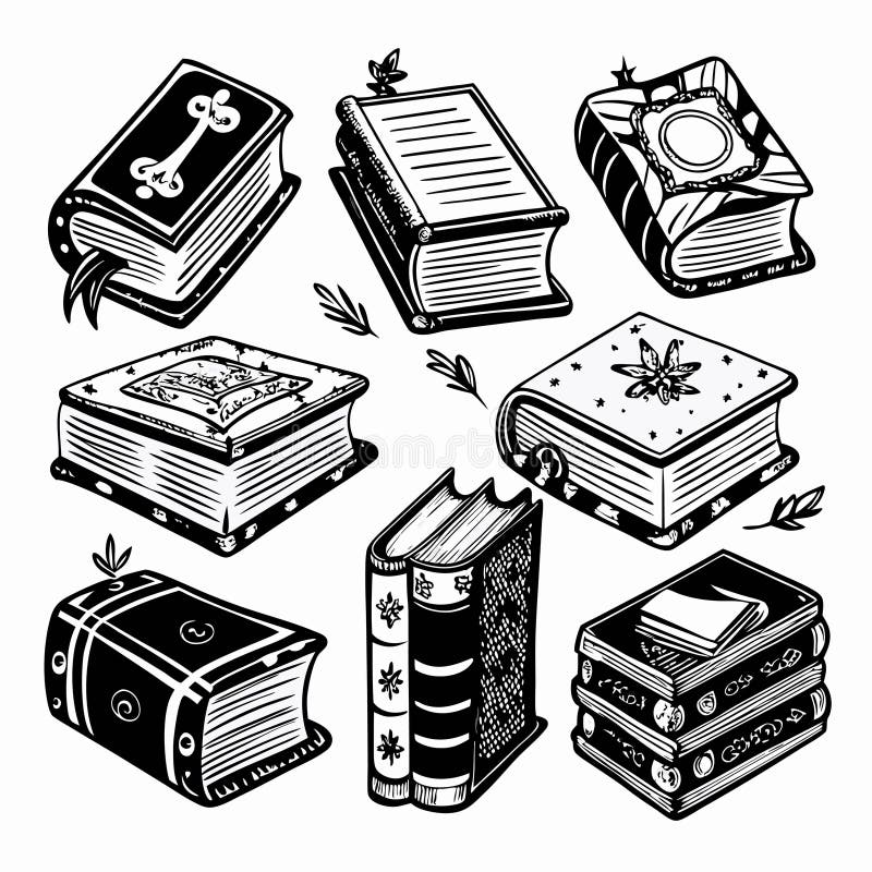 Hand-Drawn Book Stack Doodle Set – 6 Unique Black and White Sketch ...
