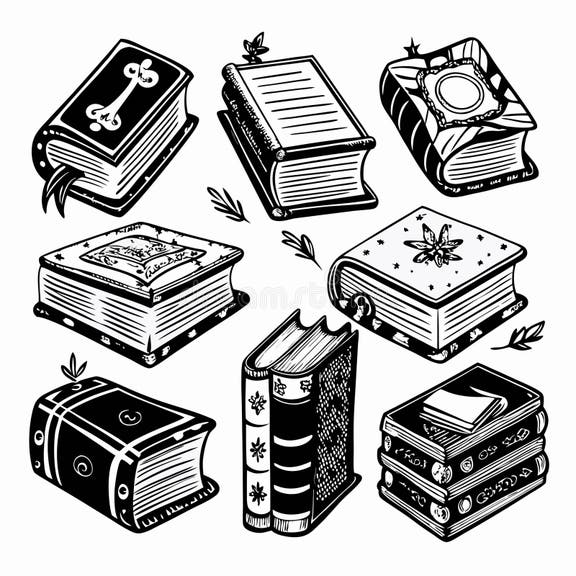 Hand-Drawn Book Stack Doodle Set – 6 Unique Black and White Sketch ...