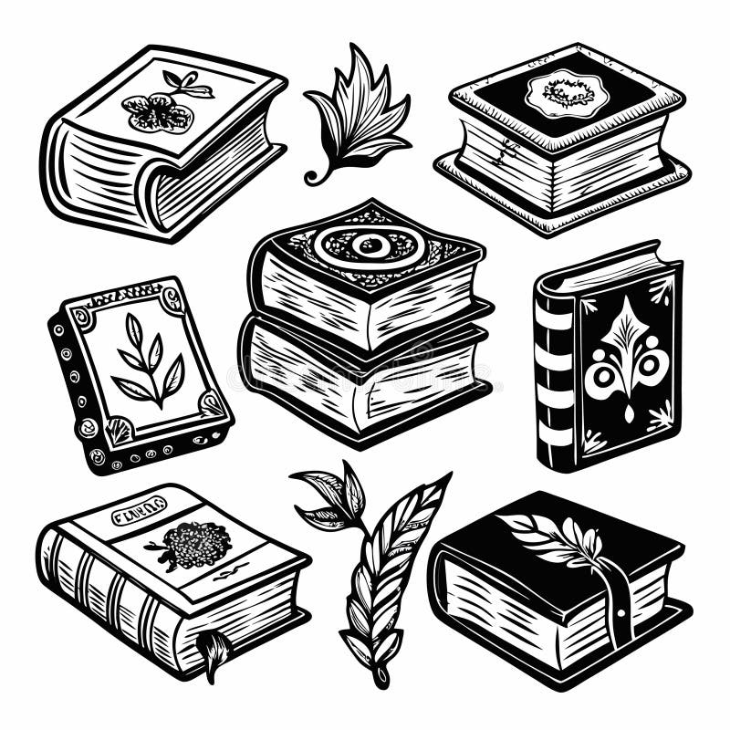 Hand-Drawn Book Stack Doodle Set – 6 Unique Black and White Sketch ...