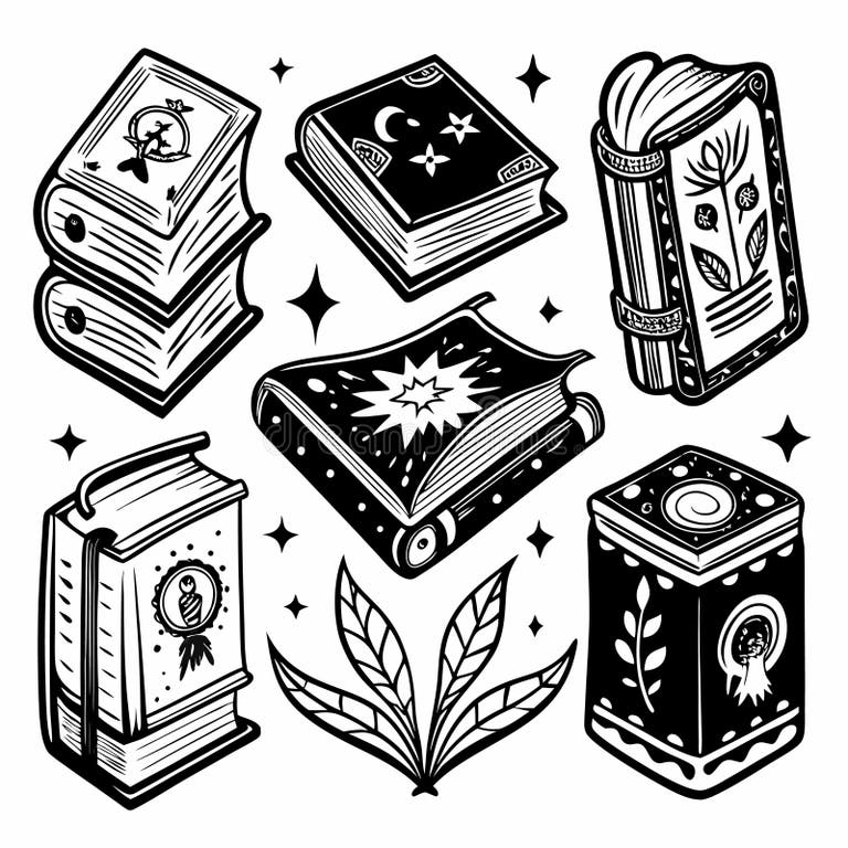 Hand-Drawn Book Stack Doodle Set – 6 Unique Black and White Sketch ...