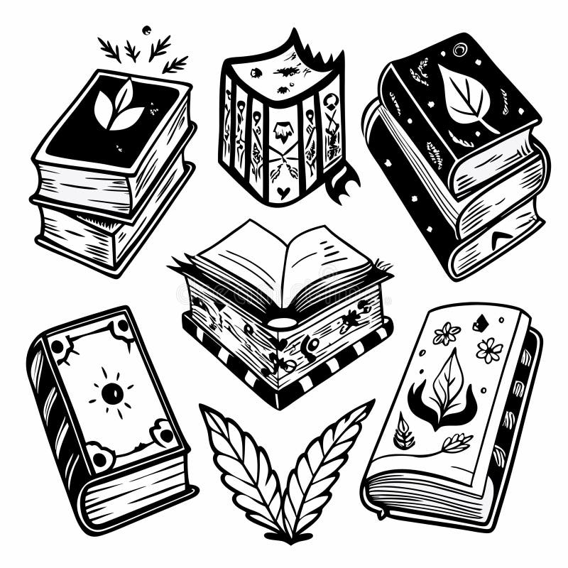 Hand-Drawn Book Stack Doodle Set – 6 Unique Black and White Sketch ...