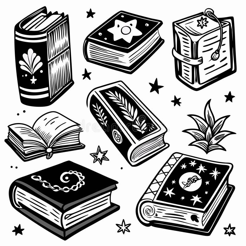 Hand-Drawn Book Stack Doodle Set – 6 Unique Black and White Sketch ...