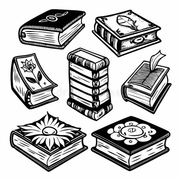 Hand-Drawn Book Stack Doodle Set – 6 Unique Black and White Sketch ...