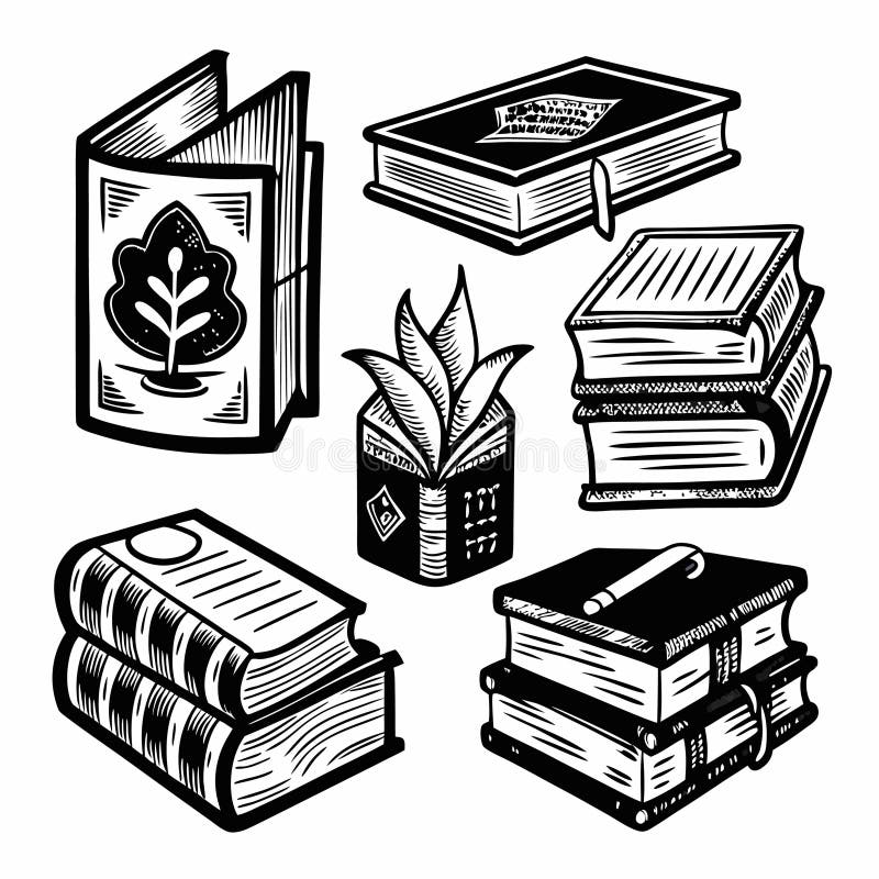 Hand-Drawn Book Stack Doodle Set – 6 Unique Black and White Sketch ...