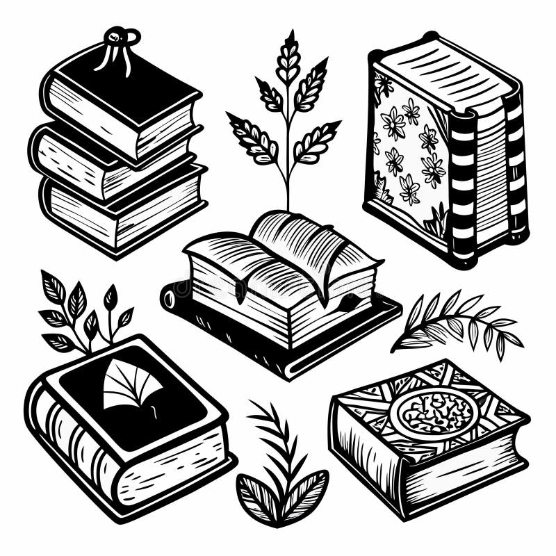 Hand-Drawn Book Stack Doodle Set – 6 Unique Black and White Sketch ...