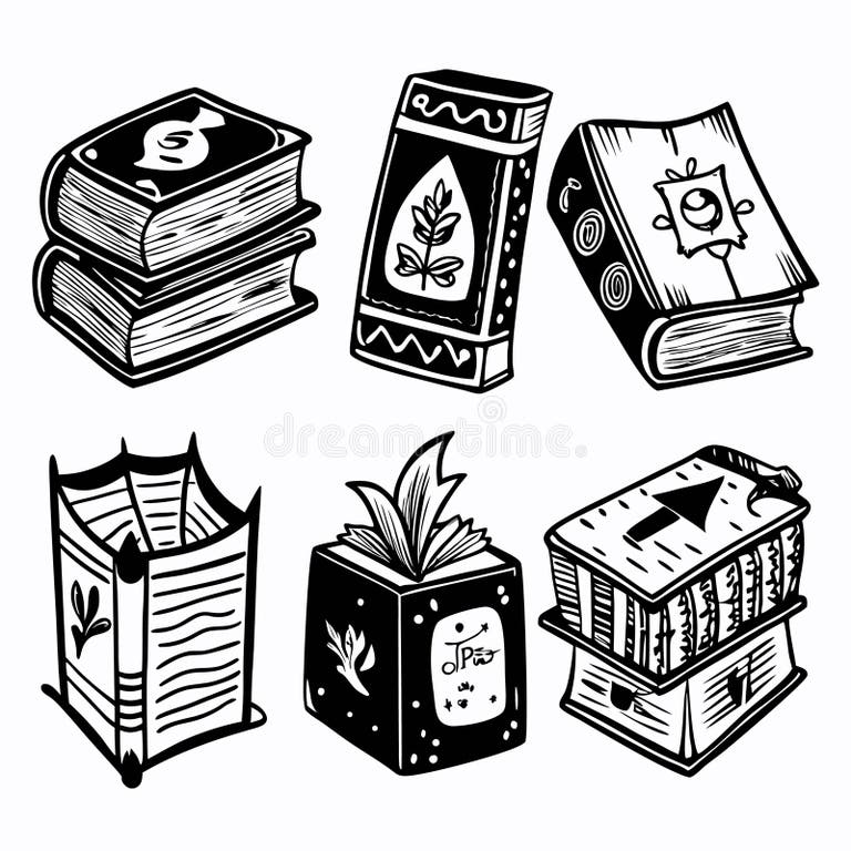 Hand-Drawn Book Stack Doodle Set – 6 Unique Black and White Sketch ...
