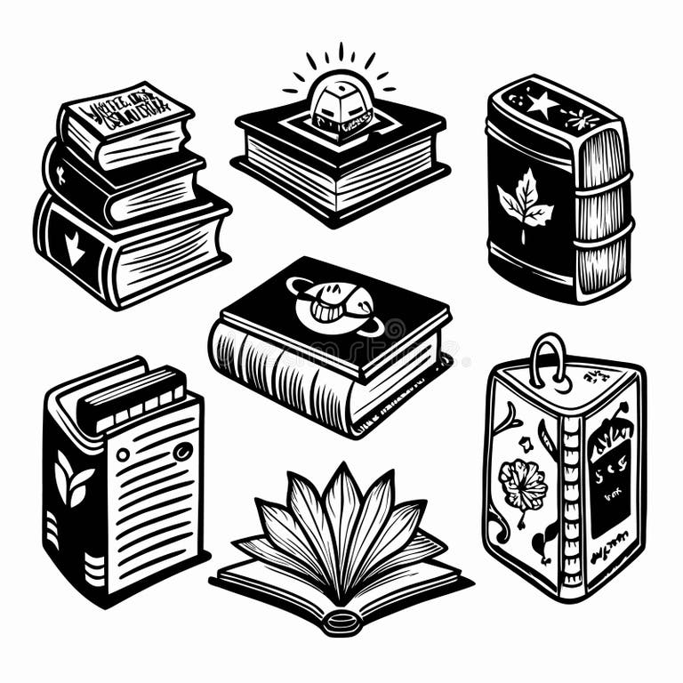 Hand-Drawn Book Stack Doodle Set – 6 Unique Black and White Sketch ...