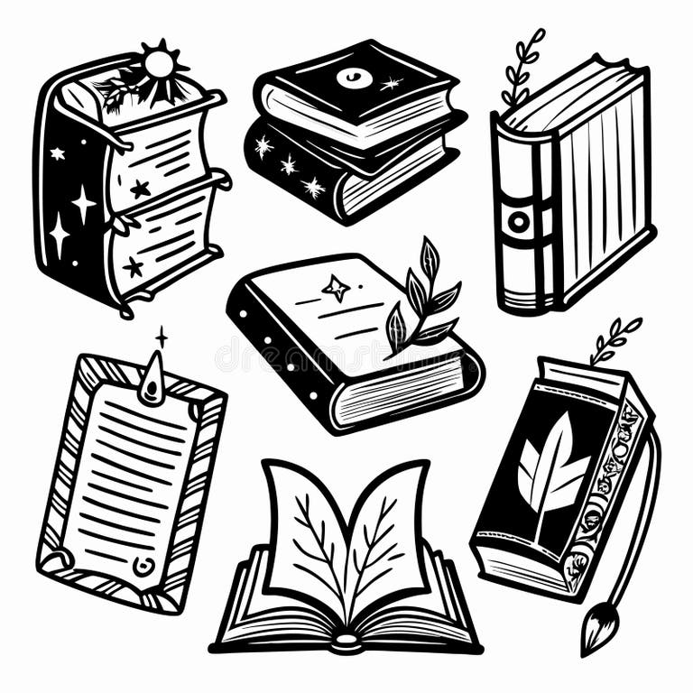 Hand-Drawn Book Stack Doodle Set – 6 Unique Black and White Sketch ...