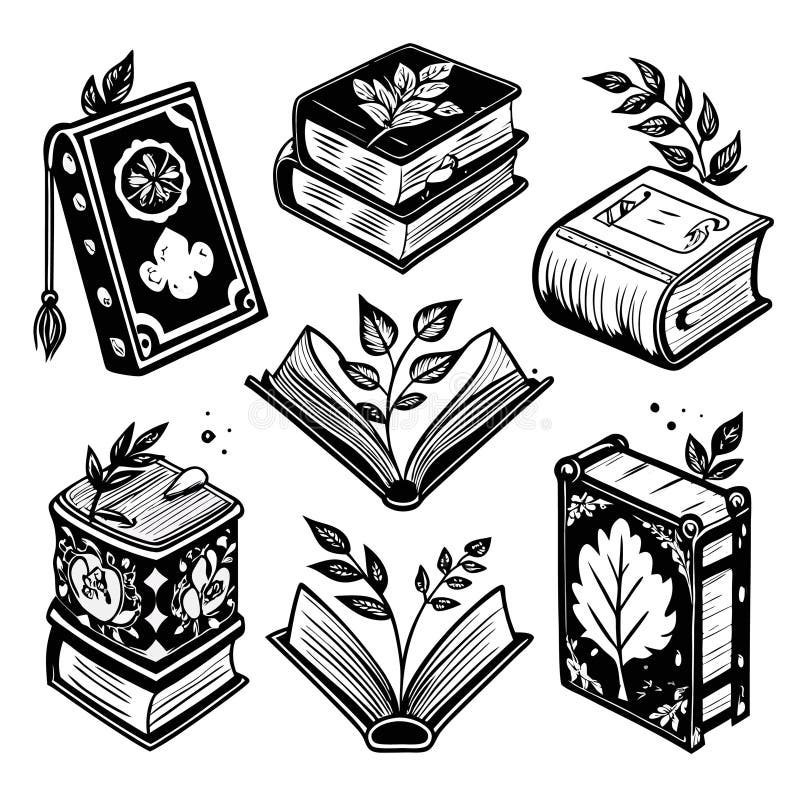 Hand-Drawn Book Stack Doodle Set – 6 Unique Black and White Sketch ...