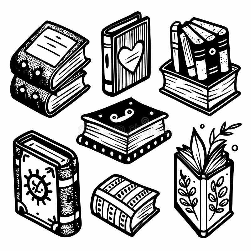 Hand-Drawn Book Stack Doodle Set – 6 Unique Black and White Sketch ...