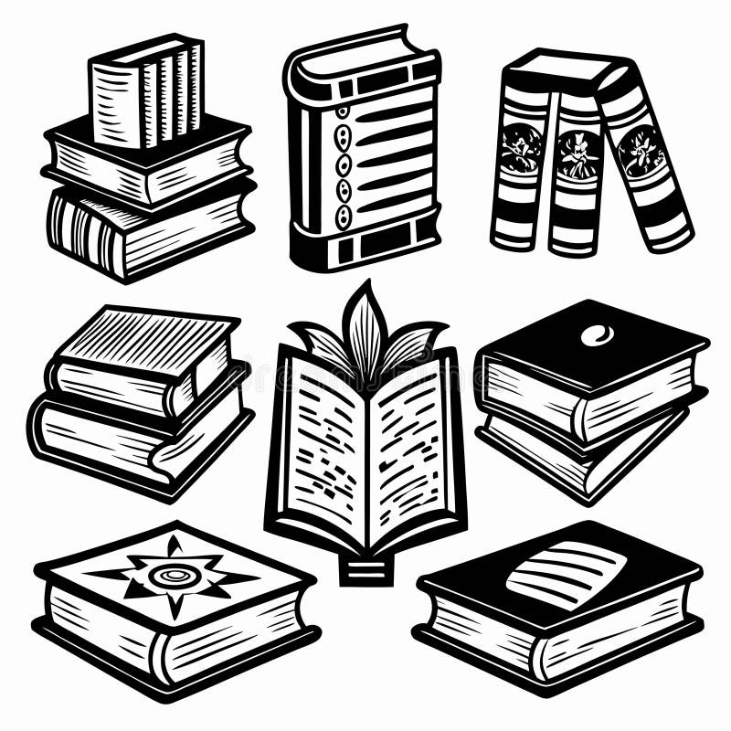 Hand-Drawn Book Stack Doodle Set – 6 Unique Black and White Sketch ...
