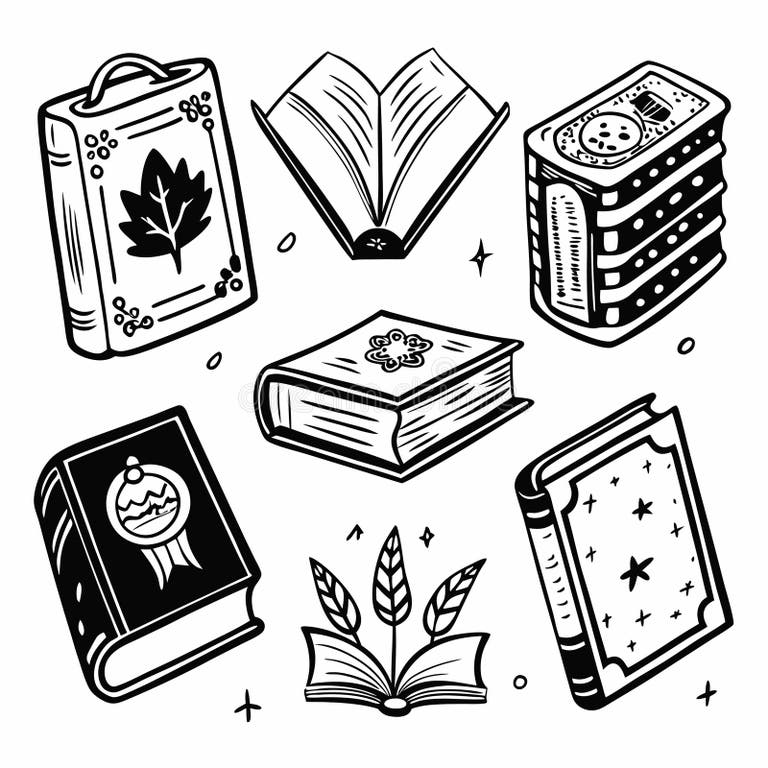 Hand-Drawn Book Stack Doodle Set – 6 Unique Black and White Sketch ...