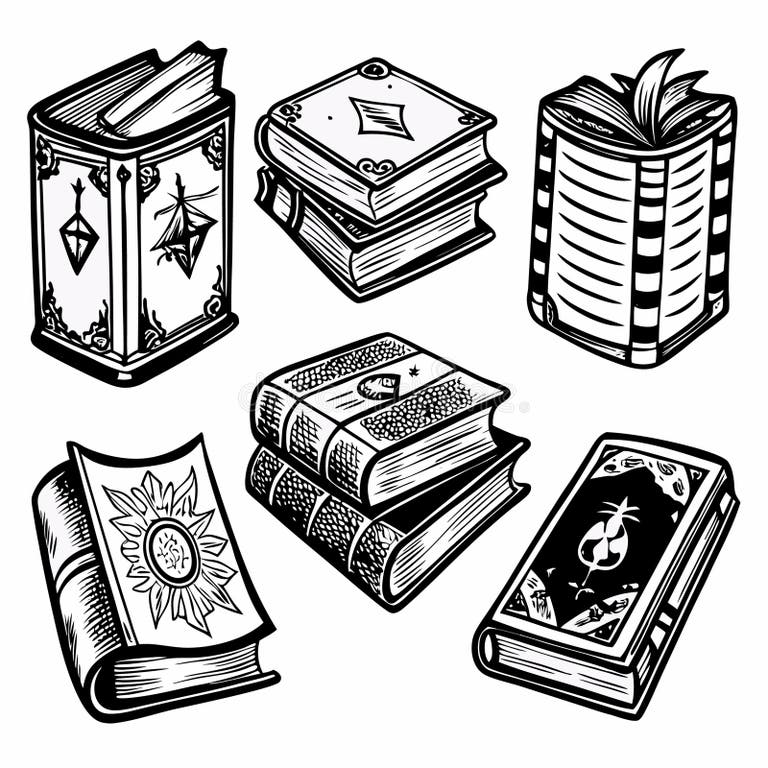 Hand-Drawn Book Stack Doodle Set – 6 Unique Black and White Sketch ...