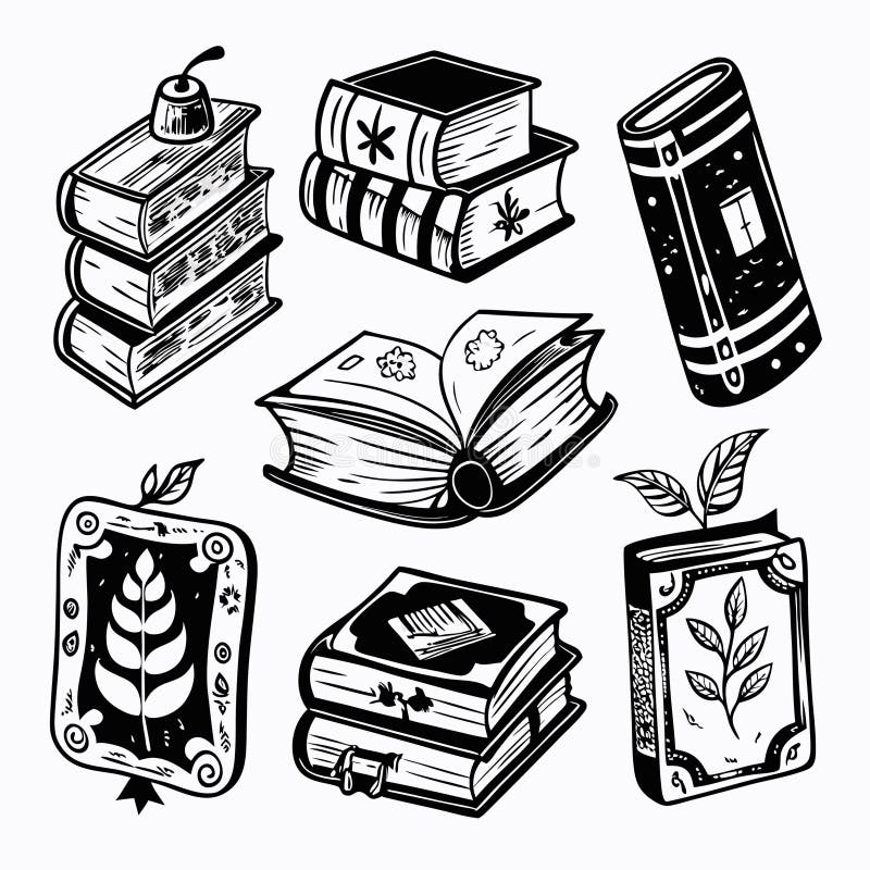 Hand-Drawn Book Stack Doodle Set – 6 Unique Black and White Sketch ...