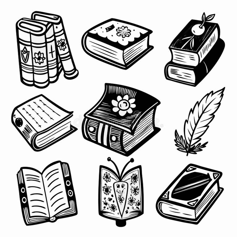 Hand-Drawn Book Stack Doodle Set – 6 Unique Black and White Sketch ...