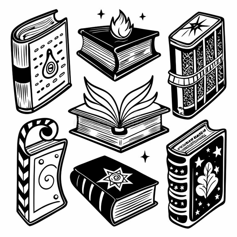Hand-Drawn Book Stack Doodle Set – 6 Unique Black and White Sketch ...