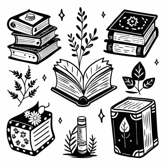 Hand-Drawn Book Stack Doodle Set – 6 Unique Black and White Sketch ...