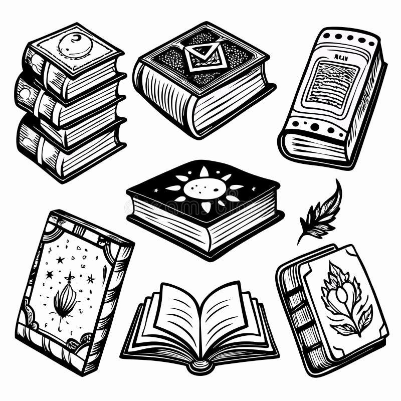 Hand-Drawn Book Stack Doodle Set – 6 Unique Black and White Sketch ...