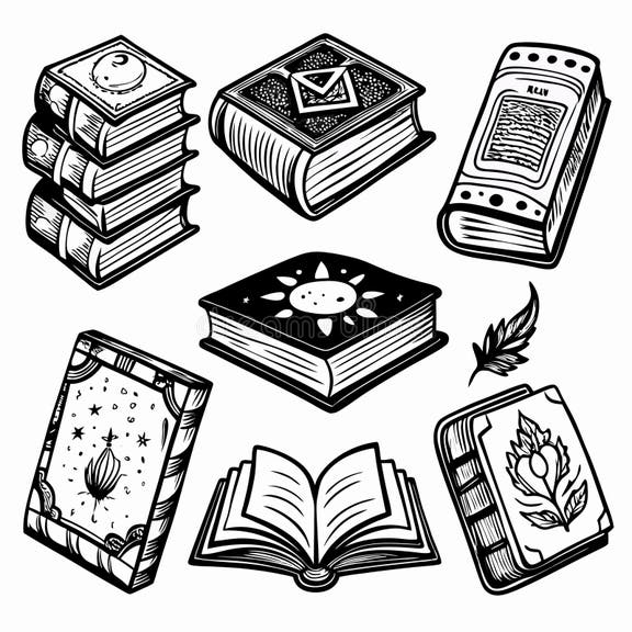 Hand-Drawn Book Stack Doodle Set – 6 Unique Black and White Sketch ...