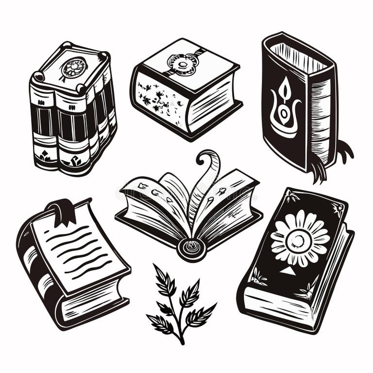 Hand-Drawn Book Stack Doodle Set – 6 Unique Black and White Sketch ...