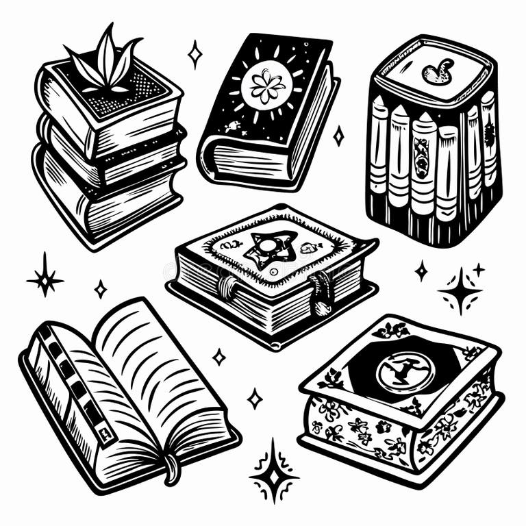 Hand-Drawn Book Stack Doodle Set – 6 Unique Black and White Sketch ...