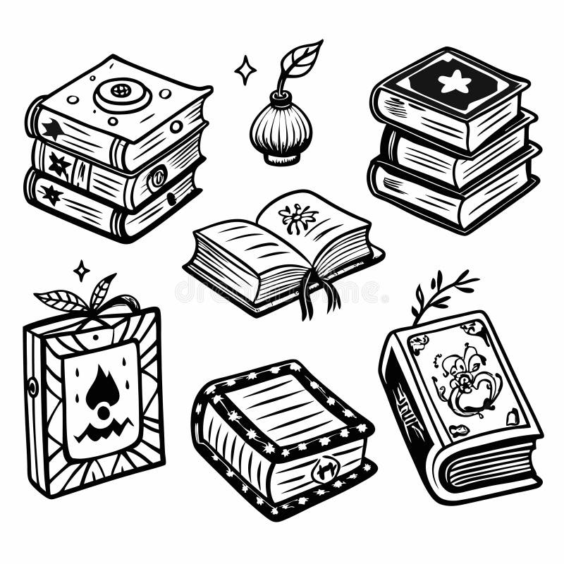 Hand-Drawn Book Stack Doodle Set – 6 Unique Black and White Sketch ...