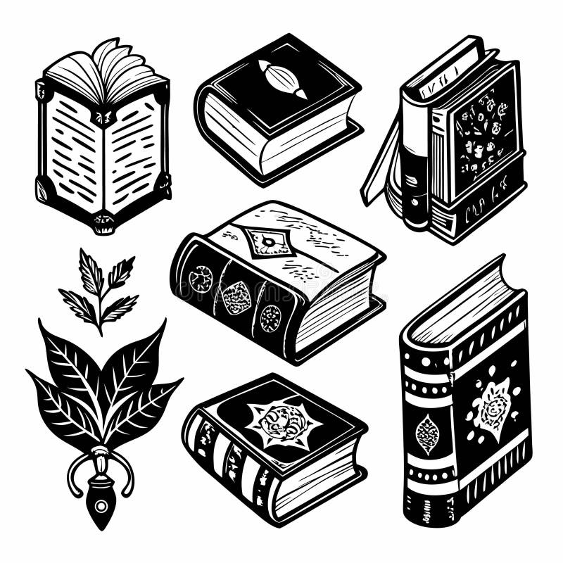 Hand-Drawn Book Stack Doodle Set – 6 Unique Black and White Sketch ...