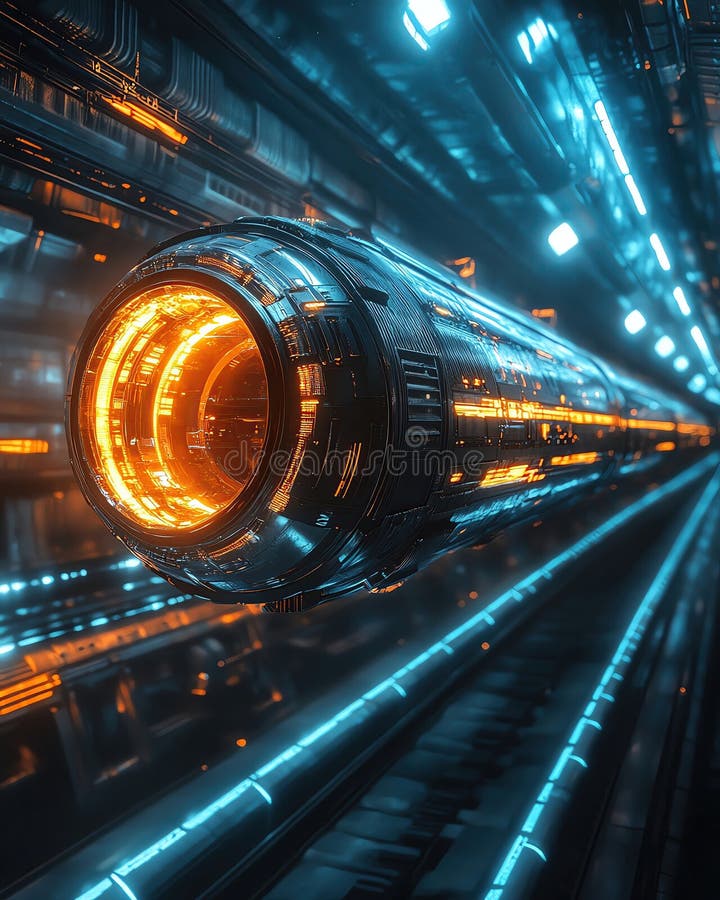 Glowing Spacecraft Engine in Dark Tunnel, Futuristic Tunnel with ...