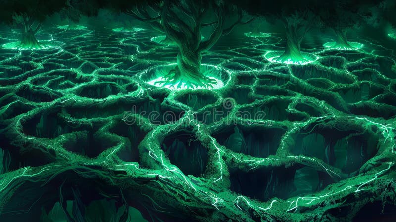 Explore a Hidden Underground Maze Aglow with Bioluminescent Roots Stock ...