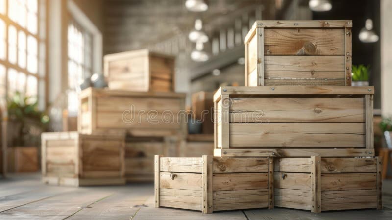 Rustic Wooden Crates Sunlit Warehouse Storage Shipping Stock ...