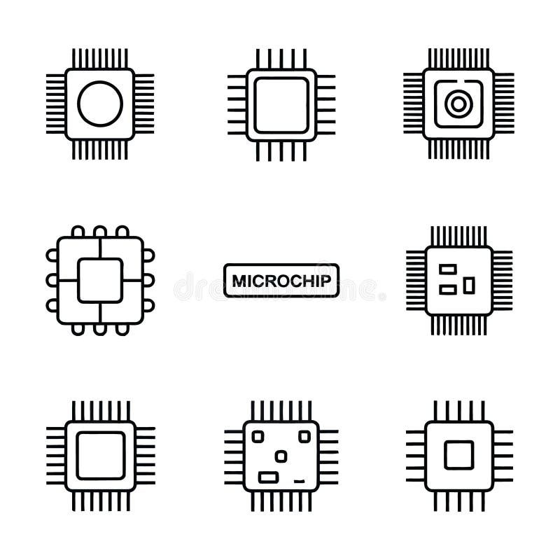 Minimalistic Microchip Icon Set Featuring Various Circuitry Designs for ...
