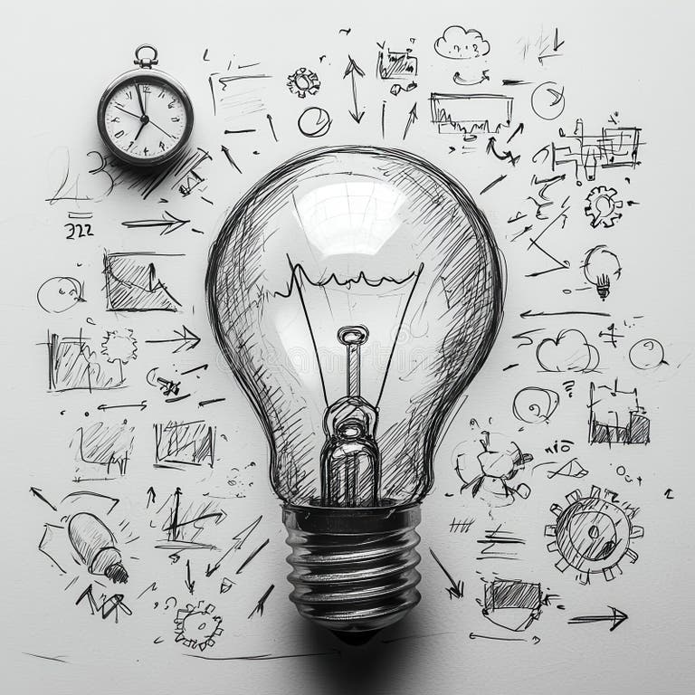 Explore Ideas with Lightbulb Sketch and Clock with Creative Concept ...