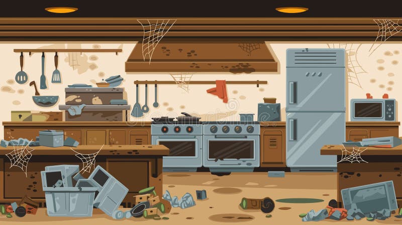 Abandoned Kitchen with Clutter and Cobwebs Stock Vector - Illustration ...