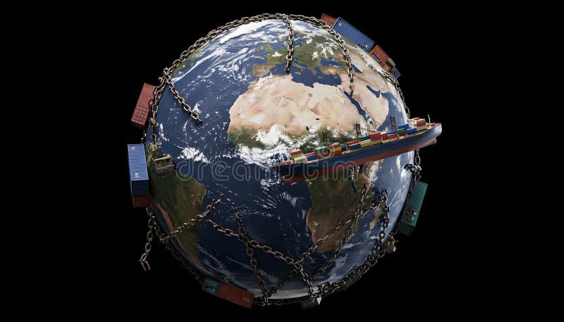Globe Wrapped in Chains with Attached Shipping Containers and Truck ...