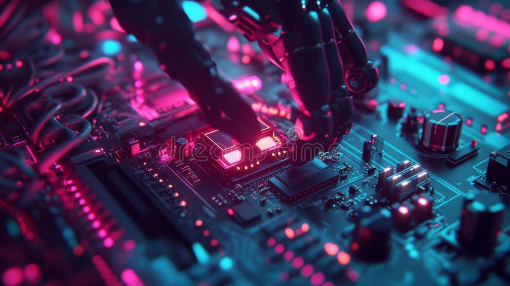 A Futuristic Robotic Hand Interacts with a Glowing Circuit Board. the ...