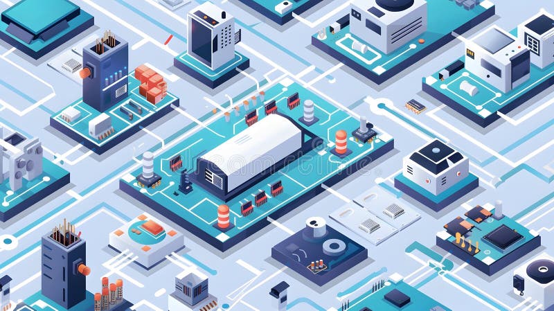 The Assembly Line of Electronic Board with Microchip in the Light Blue ...