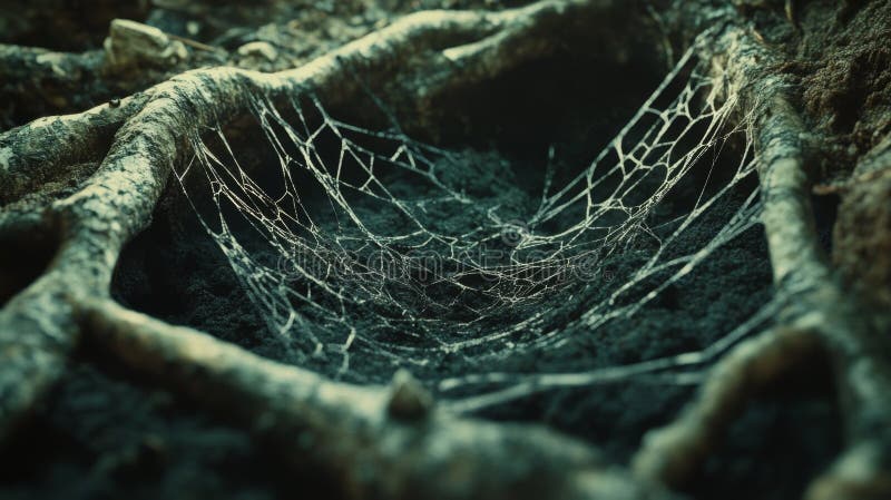 Delicate Threads of a Spider S Web among Roots in Nature S Depths Stock ...