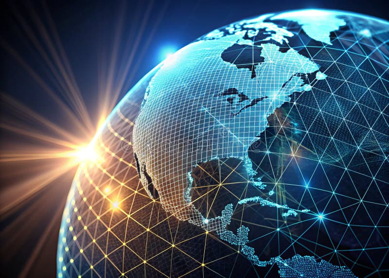 Detailed Wireframe 3D Earth Model Low Poly Globe with Global Network ...