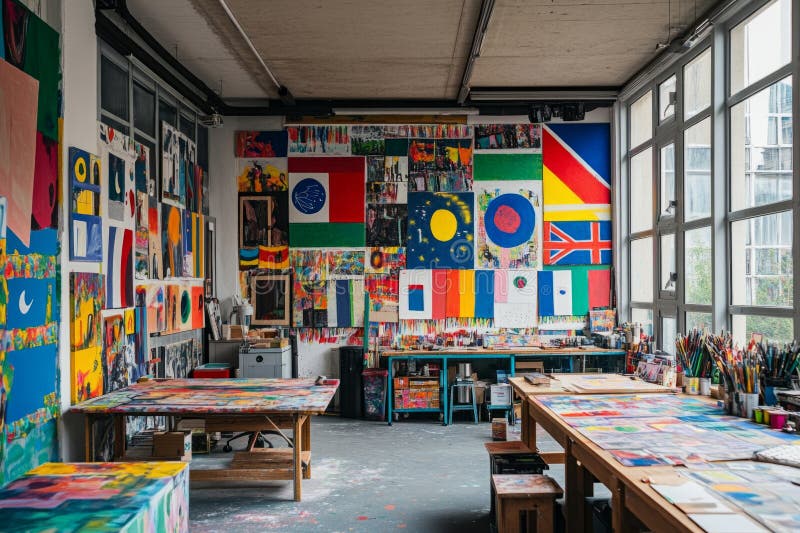 Vibrant Art Studio Filled with Colorful Flags and Paintings. a Creative ...