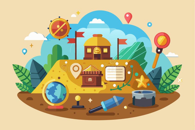 Explore a Lively Illustration of a Treasure Hunt Featuring Tools, a Map ...