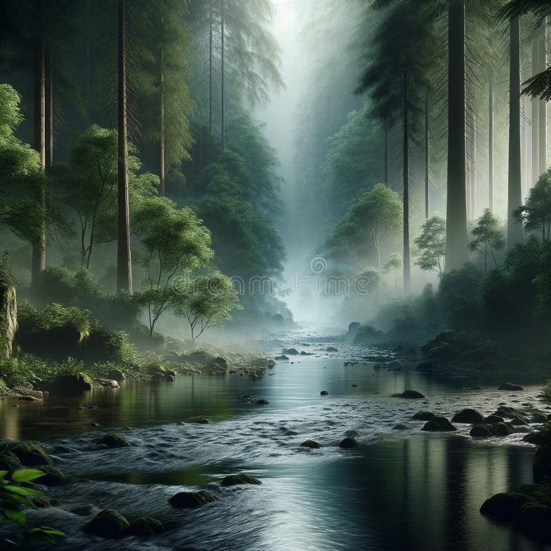 A River Cutting through a Dense, Mystical Fog in an Enchanted Forest ...