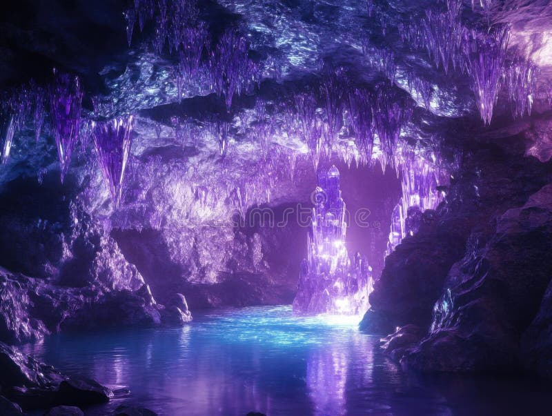 Explore a Magical Crystal Cave with Glowing Purple Formations and a ...