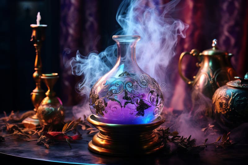 Enchanting Witchcraft Potion Table Scene with Light Smoke, Generative ...