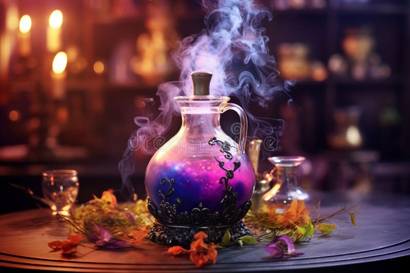 Enchanting Witchcraft Potion on Table, Light Smoke Around, Generative ...