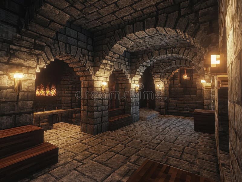 Explore a Medieval Stone Hall with Fireplaces and Arched Hallways Stock ...