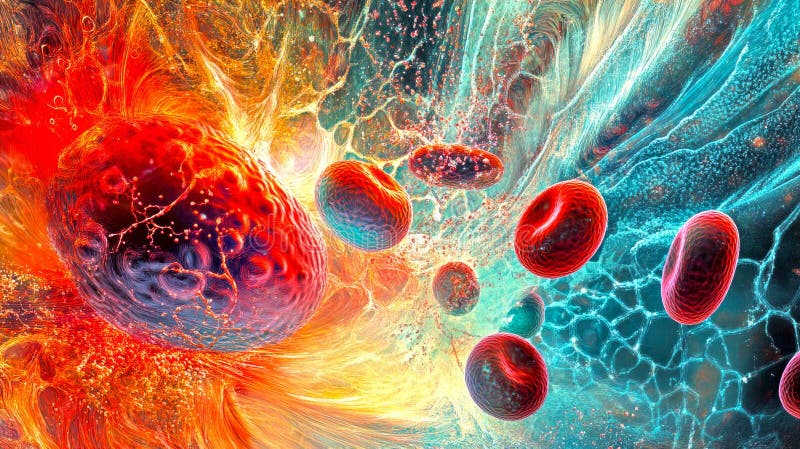A Vibrant Depiction of Blood Cells Dancing through a Colorful Universe ...