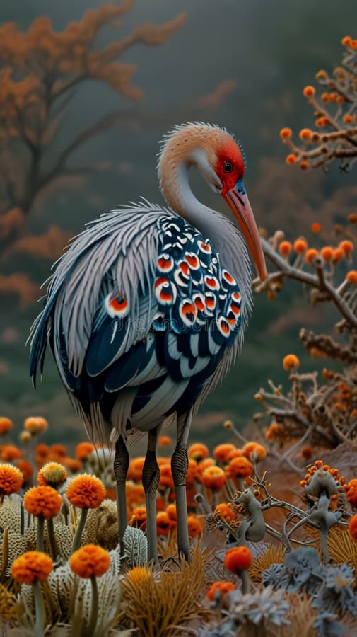 A Tall Bird with a Long Beak Stands in a Field of Flowers Ultra ...